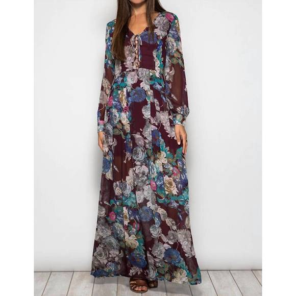 She + Sky | Dresses | New She Sky Long Sleeve Floral Maxi Dress In Plum ...